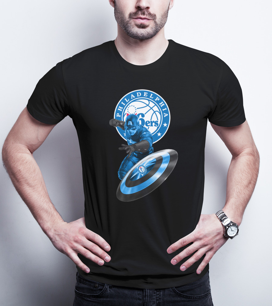 Philadelphia 76ers Basketball Marvel Crossover With Captain America Shield T-Shirt