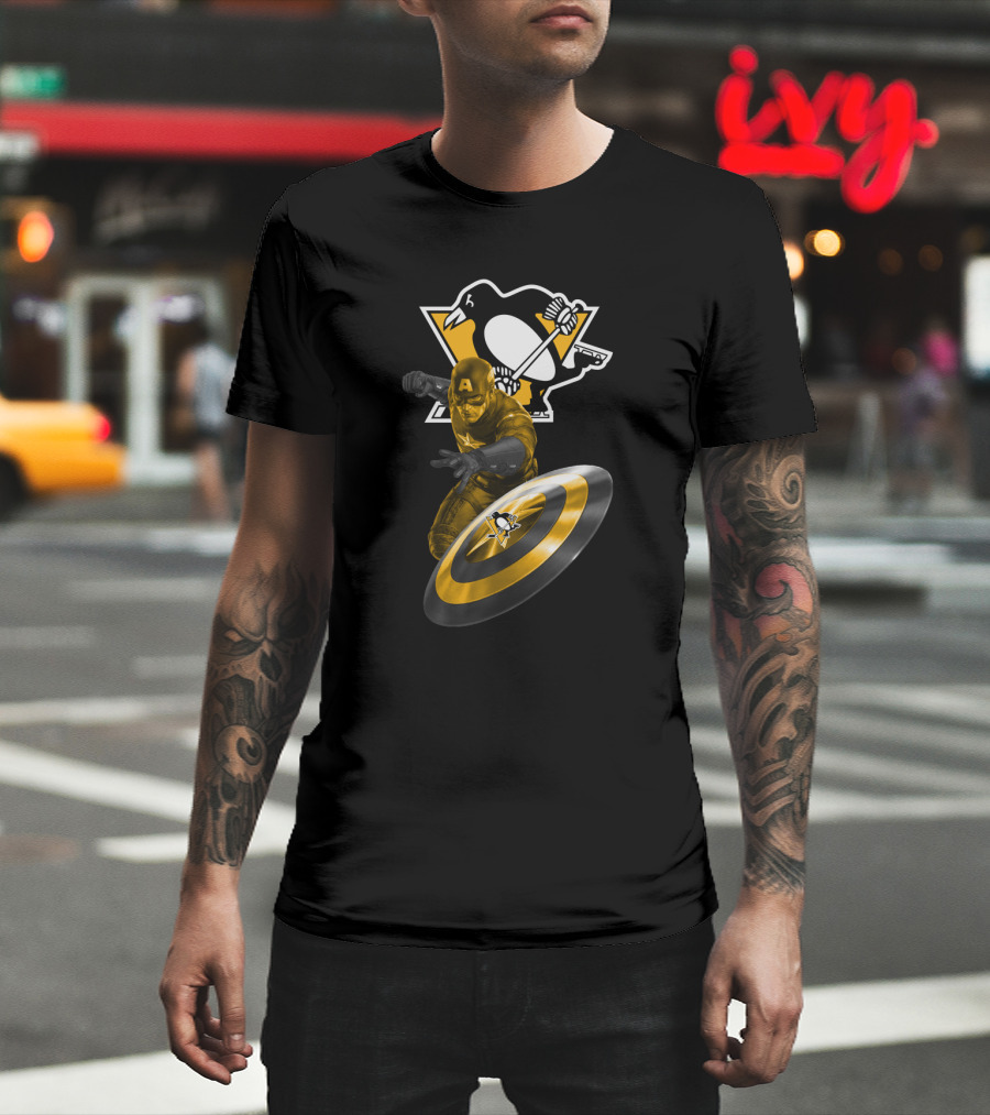 Pittsburgh Penguins Hockey Marvel Captain America Crossover Shield T-Shirt