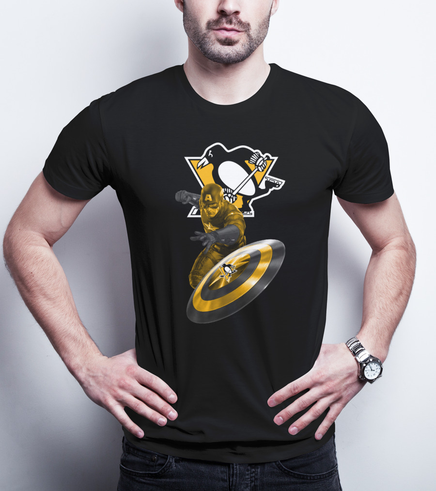 Pittsburgh Penguins Hockey Marvel Captain America Crossover Shield T-Shirt