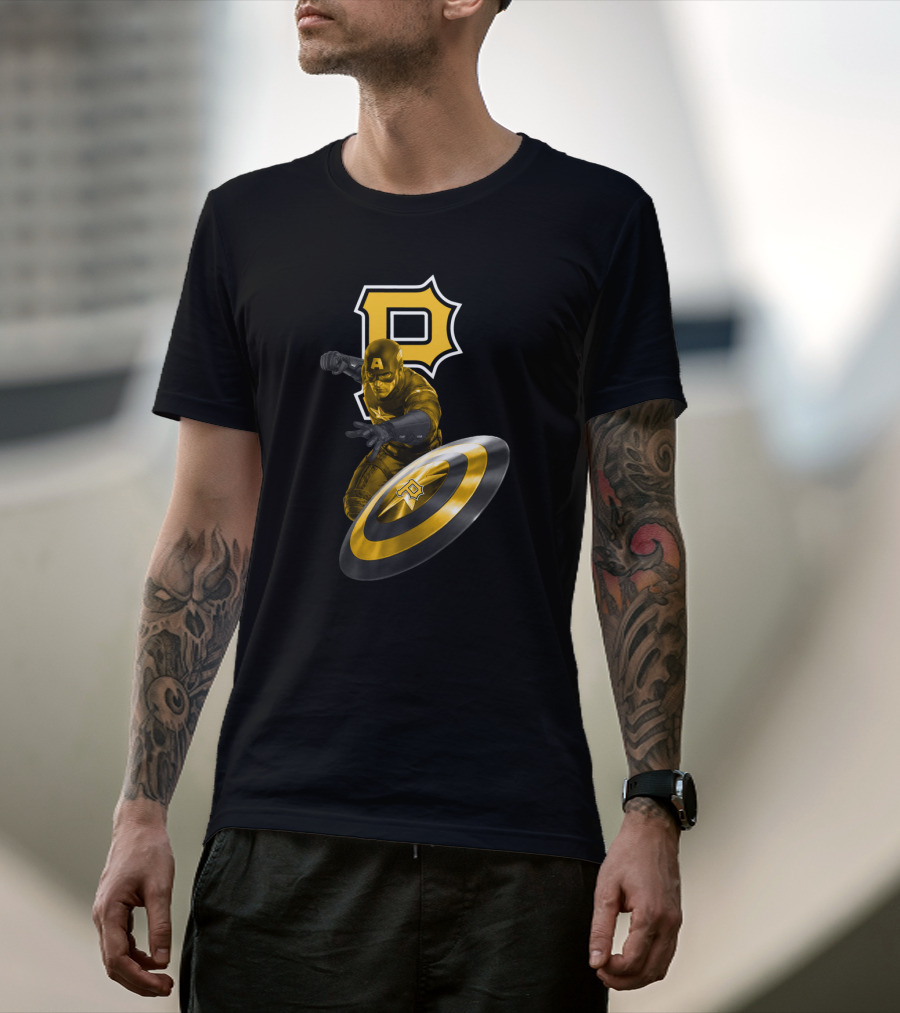 Pittsburgh Pirates Captain America Crossover With Shield And Iconic P T-Shirt