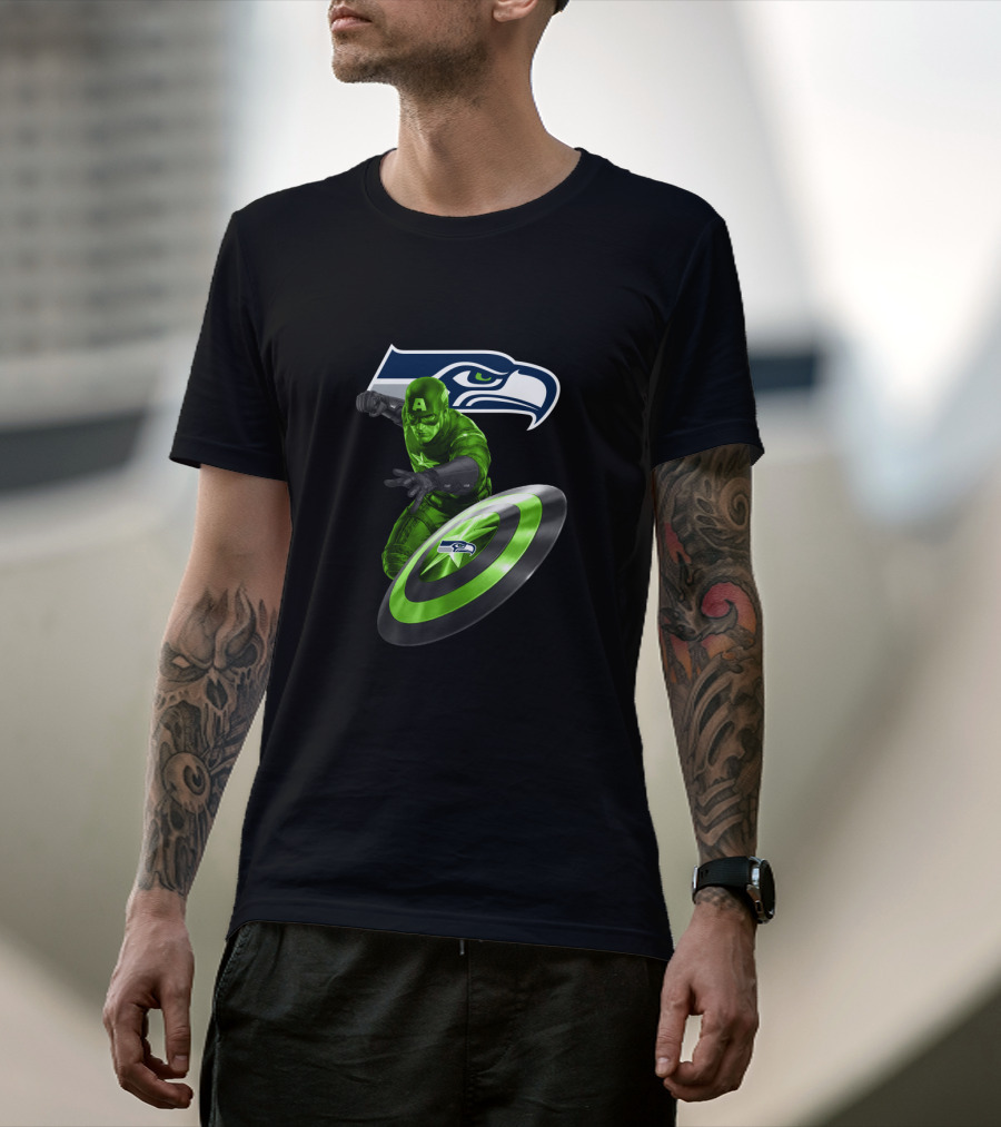 Seattle Seahawks Captain America Shield Crossover T-Shirt