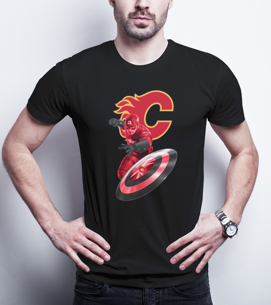 Calgary Flames And Captain America Shield Fusion Marvel Fans T-Shirt