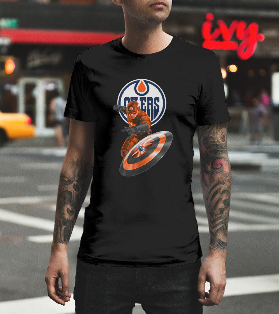 Edmonton Oilers Captain America Crossover With Shield Logo And Dynamic Pose T-Shirt
