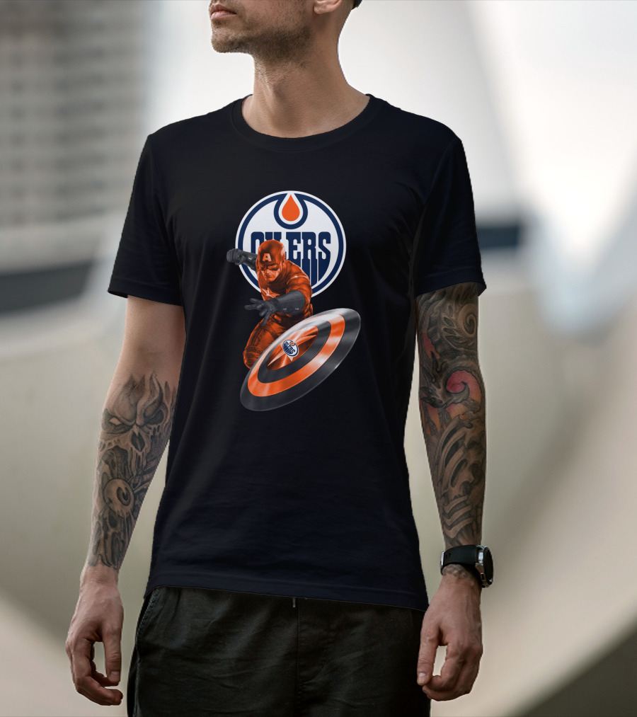 Edmonton Oilers Captain America Crossover With Shield Logo And Dynamic Pose T-Shirt