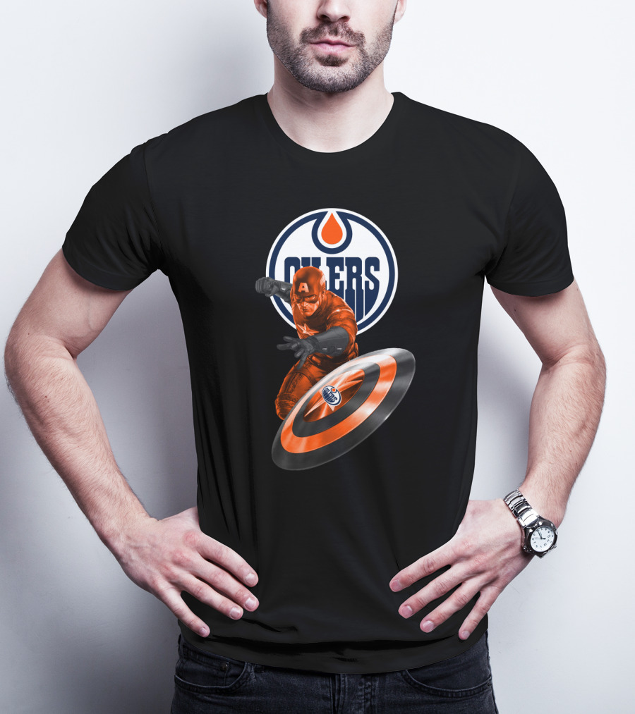 Edmonton Oilers Captain America Crossover With Shield Logo And Dynamic Pose T-Shirt