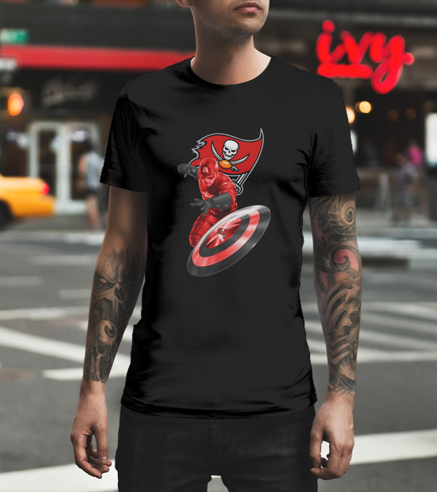 Tampa Bay Buccaneers Marvel Crossover With Captain America Shield T-Shirt