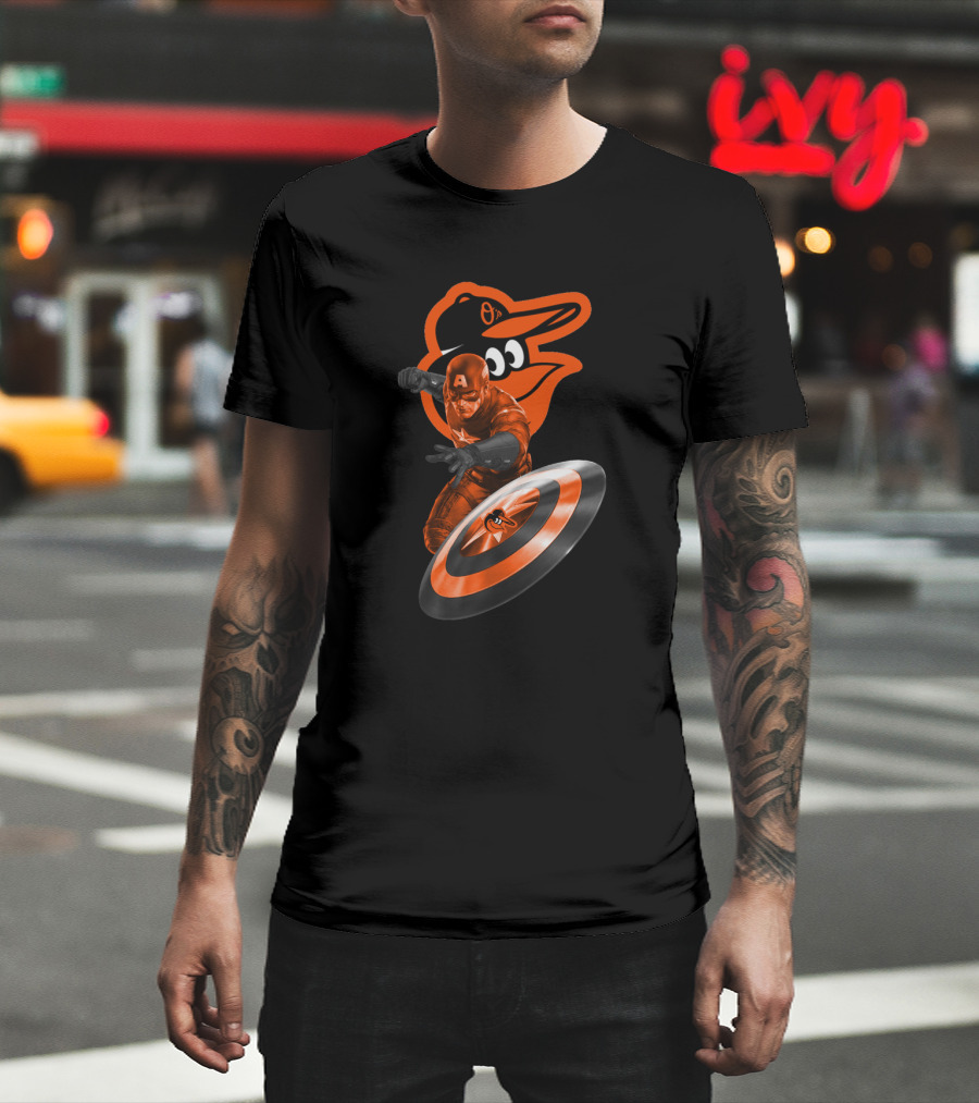 Baltimore Orioles Captain America Crossover Shield Logo Collaboration T-Shirt