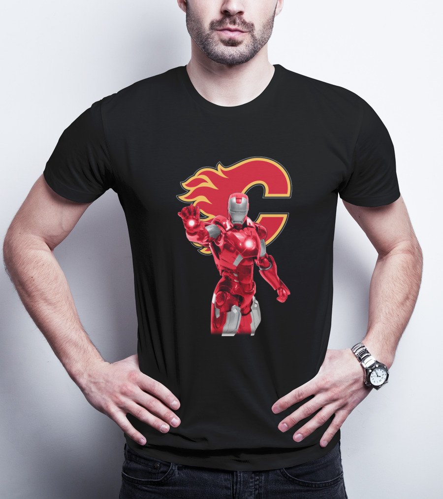 Iron Man Marvel Calgary Flames Nhl Crossover T-Shirt