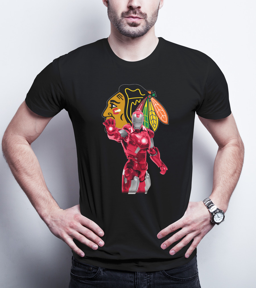 Iron Man Meets Chicago Blackhawks Logo Collaboration T-Shirt