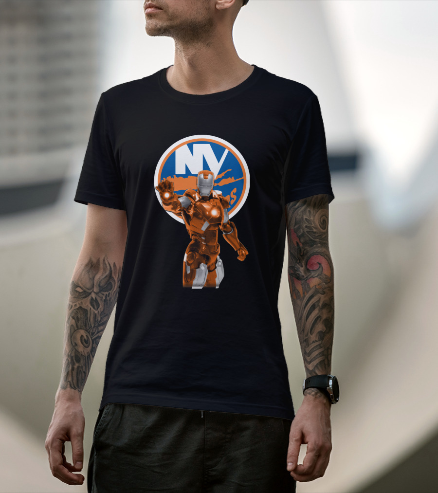 Iron Man New York Islanders Crossover Graphic Featuring NY Logo Background T-Shirt