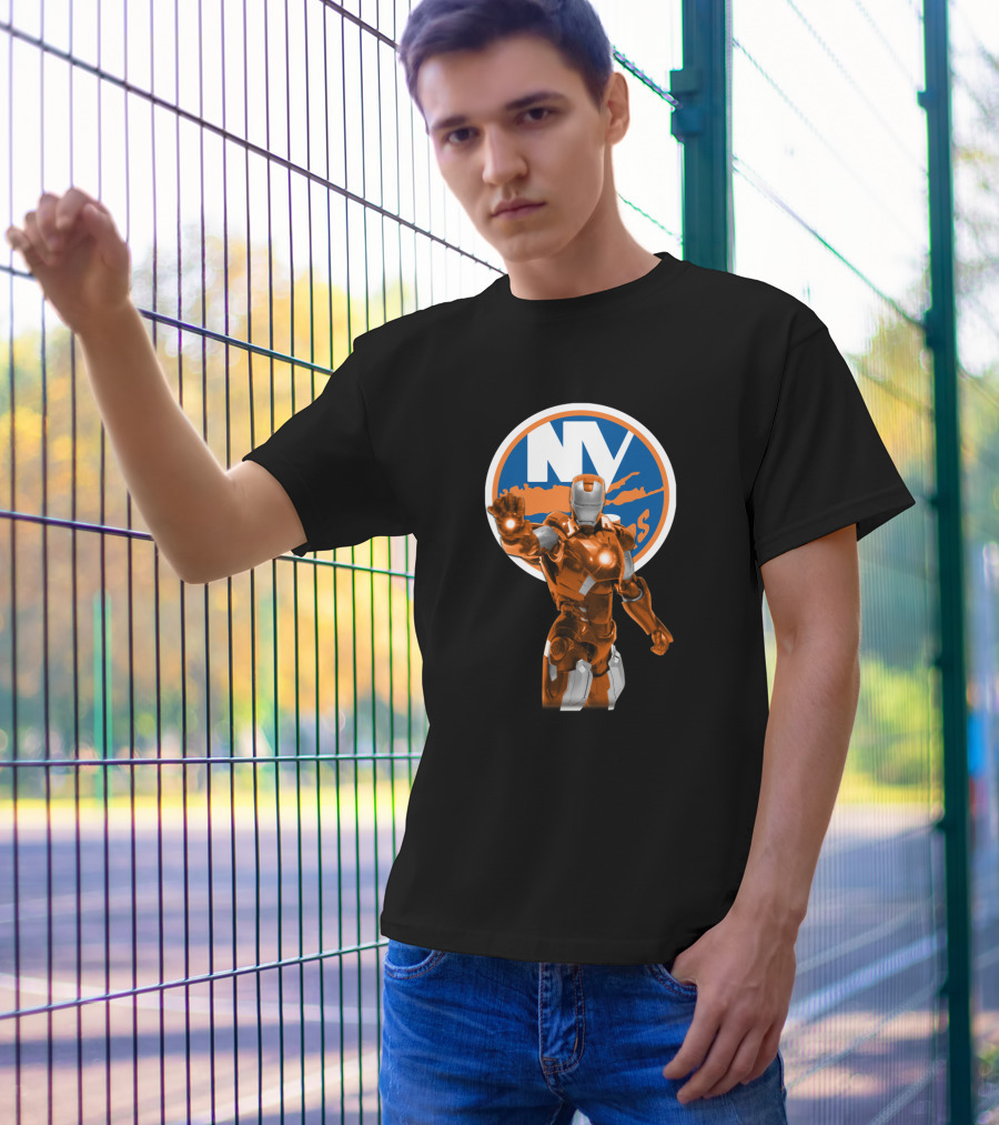 Iron Man New York Islanders Crossover Graphic Featuring NY Logo Background T-Shirt