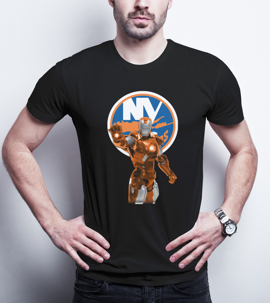 Iron Man New York Islanders Crossover Graphic Featuring NY Logo Background T-Shirt