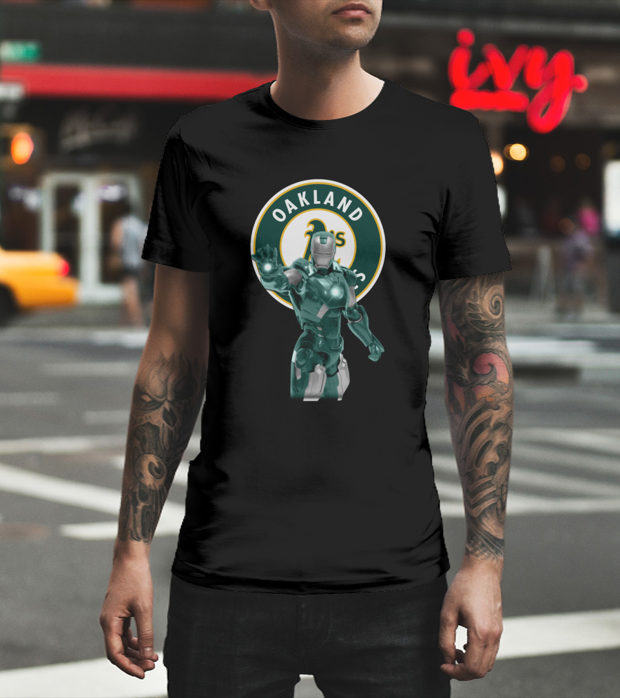 Oakland Athletics X Iron Man Crossover Marvel Avengers Baseball Team Collaboration T-Shirt