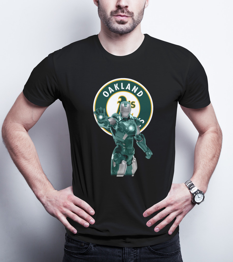 Oakland Athletics X Iron Man Crossover Marvel Avengers Baseball Team Collaboration T-Shirt