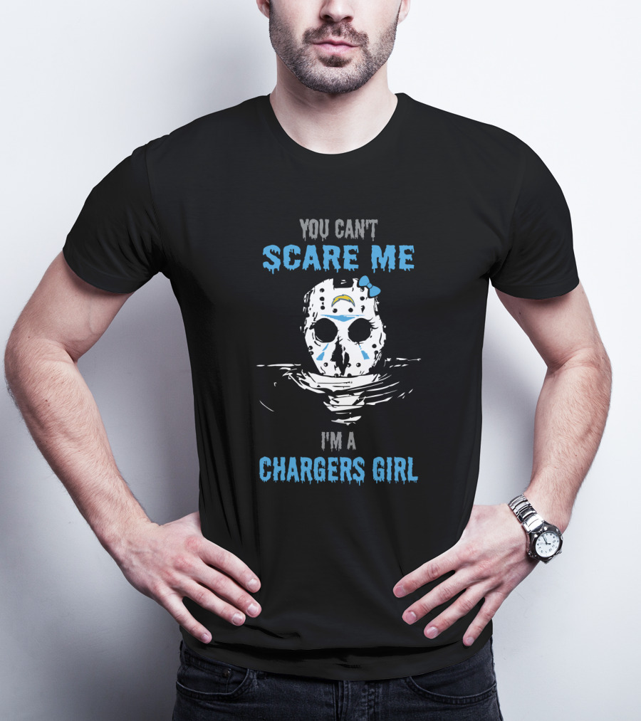You Can't Scare Me I'm A Chargers Girl Jason Voorhees Mask With Bow And Los Angeles Chargers Colors T-Shirt