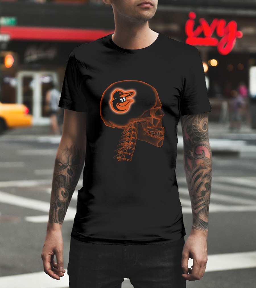 Baltimore Orioles Brain Skeleton Halloween Orange T-Shirt