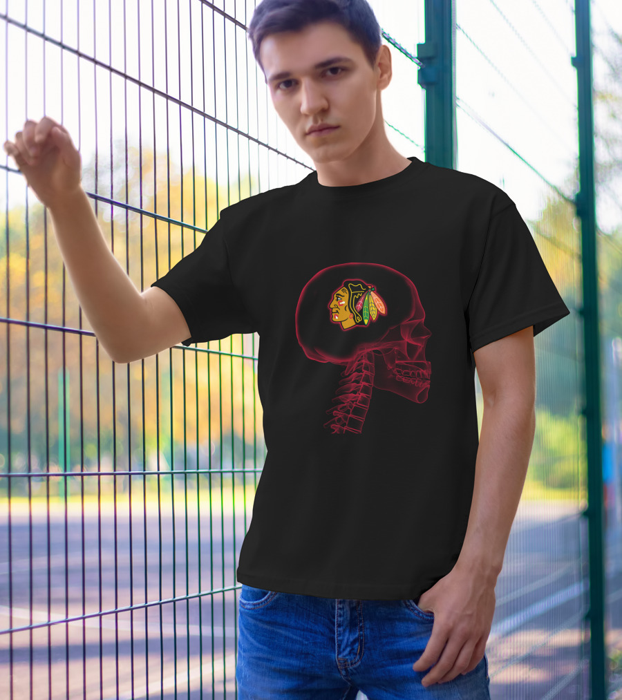 Chicago Blackhawks Brain Neon Skeleton Halloween T-Shirt