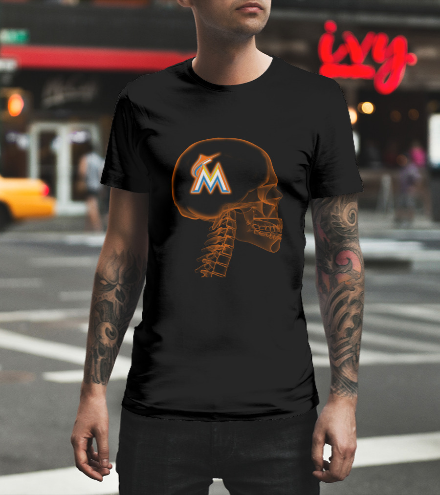Miami Marlins Brain Skeleton Halloween Fan T-Shirt