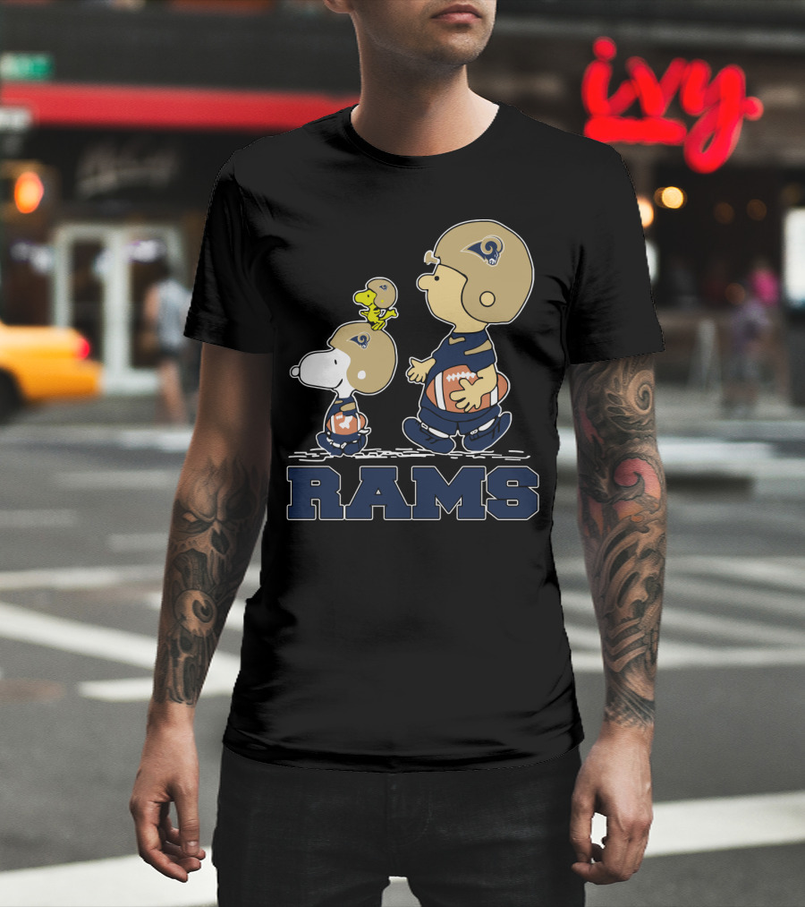 Snoopy And Woodstock With Los Angeles Rams Helmets And Football T-Shirt