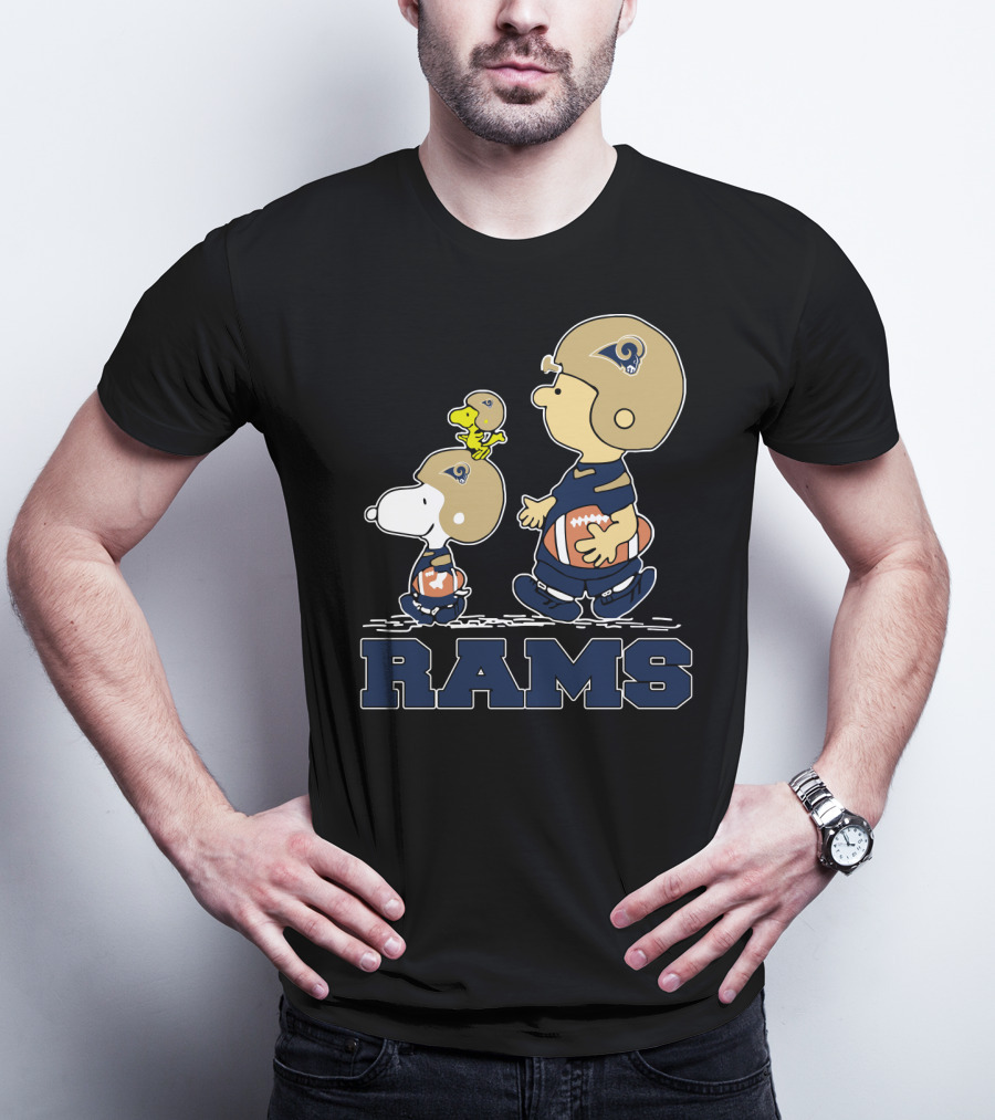 Snoopy And Woodstock With Los Angeles Rams Helmets And Football T-Shirt