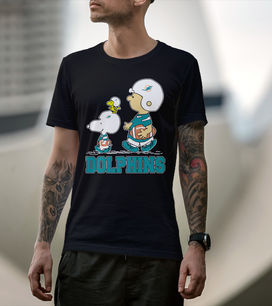 Snoopy Woodstock Miami Dolphins Football Fans Cartoon Helmets T-Shirt