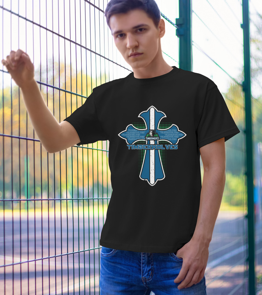 Timberwolves Logo On Blue And White Cross T-Shirt