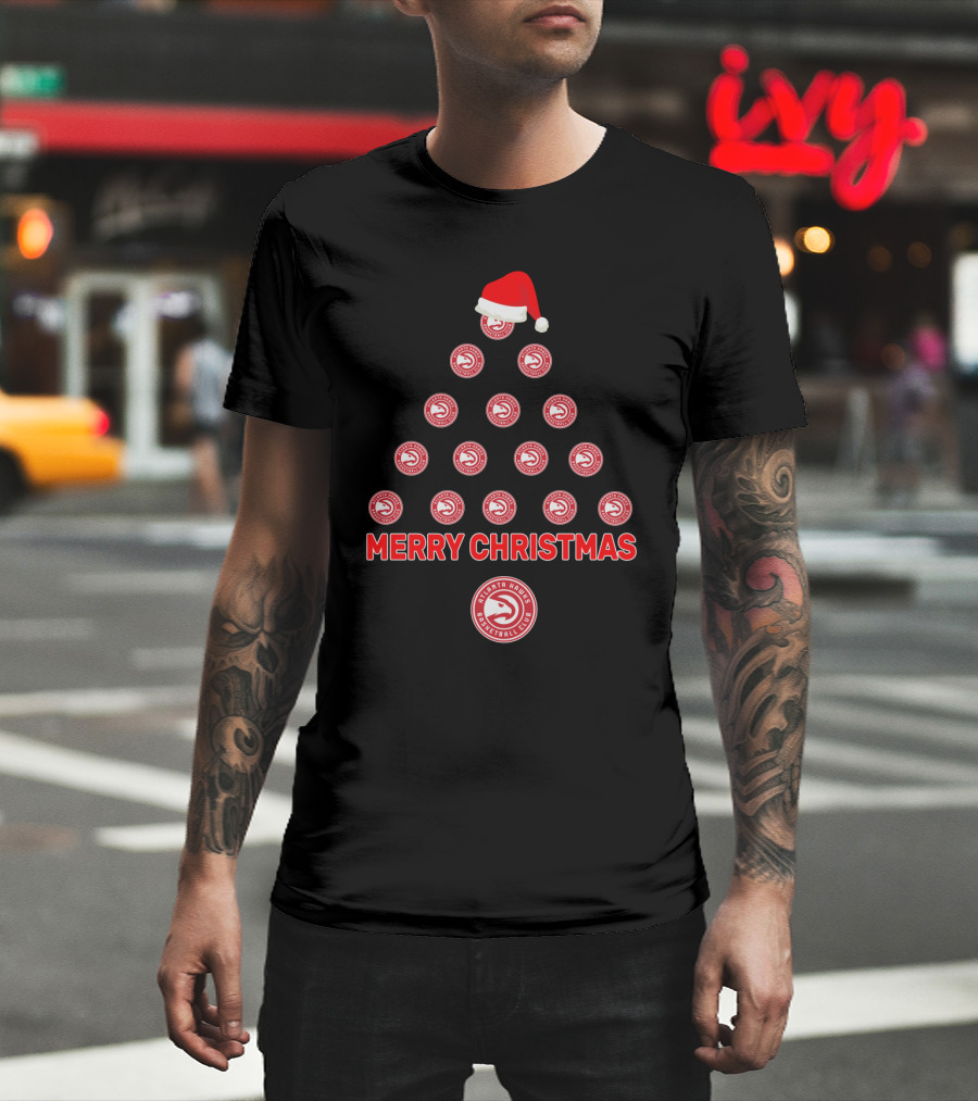 Atlanta Hawks Merry Christmas Tree With Santa Hat T-Shirt