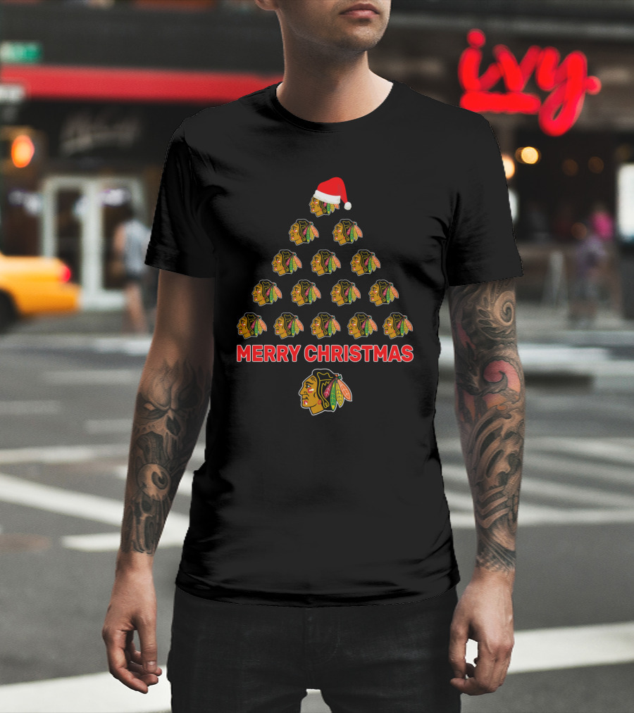 Merry Christmas Tree With Chicago Blackhawks Logos And Santa Hat T-Shirt