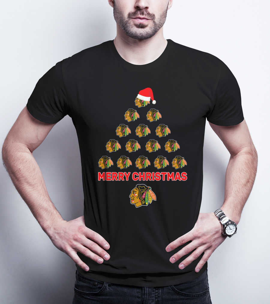Merry Christmas Tree With Chicago Blackhawks Logos And Santa Hat T-Shirt