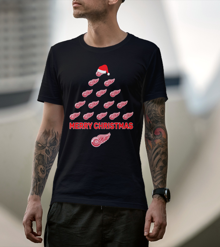 Merry Christmas Detroit Red Wings Tree With Logos T-Shirt