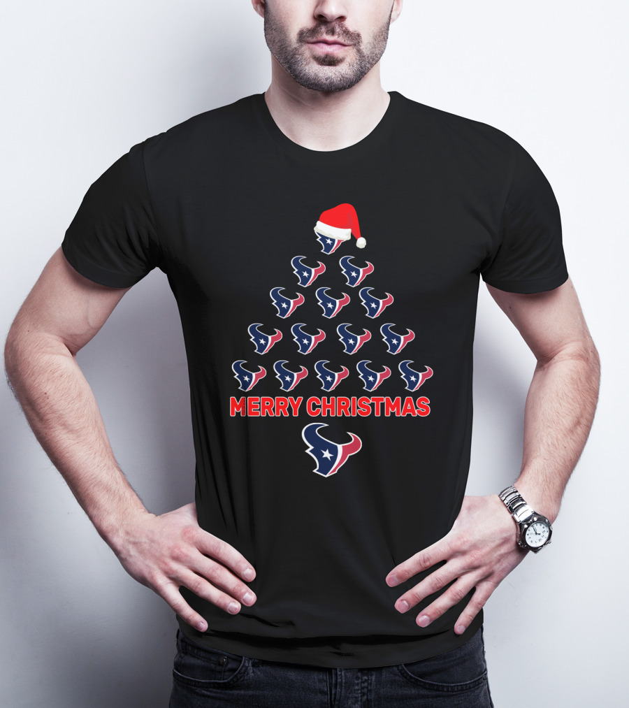 Merry Christmas Tree For Houston Texans Fans With Santa Hat T-Shirt