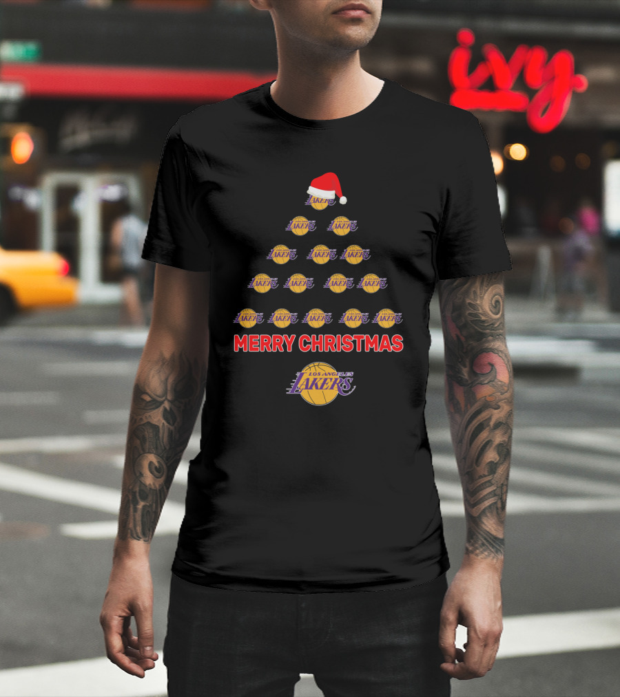 Merry Christmas Los Angeles Lakers Tree Santa Hat T-Shirt