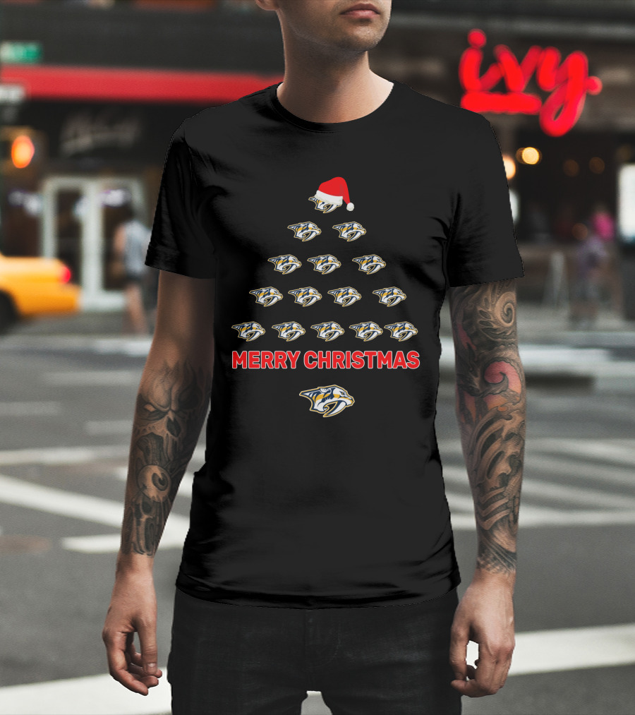 Merry Christmas Nashville Predators Tree Logo Holiday Fans T-Shirt