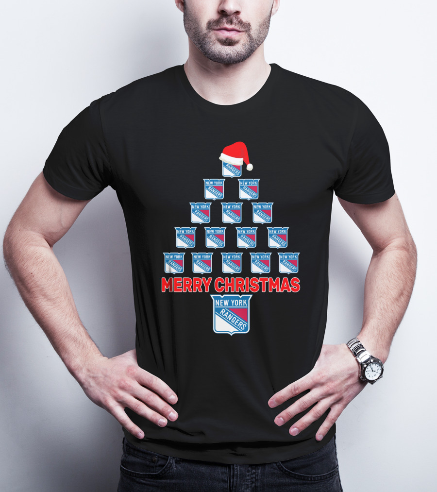 Merry Christmas New York Rangers Tree With Santa Hat T-Shirt