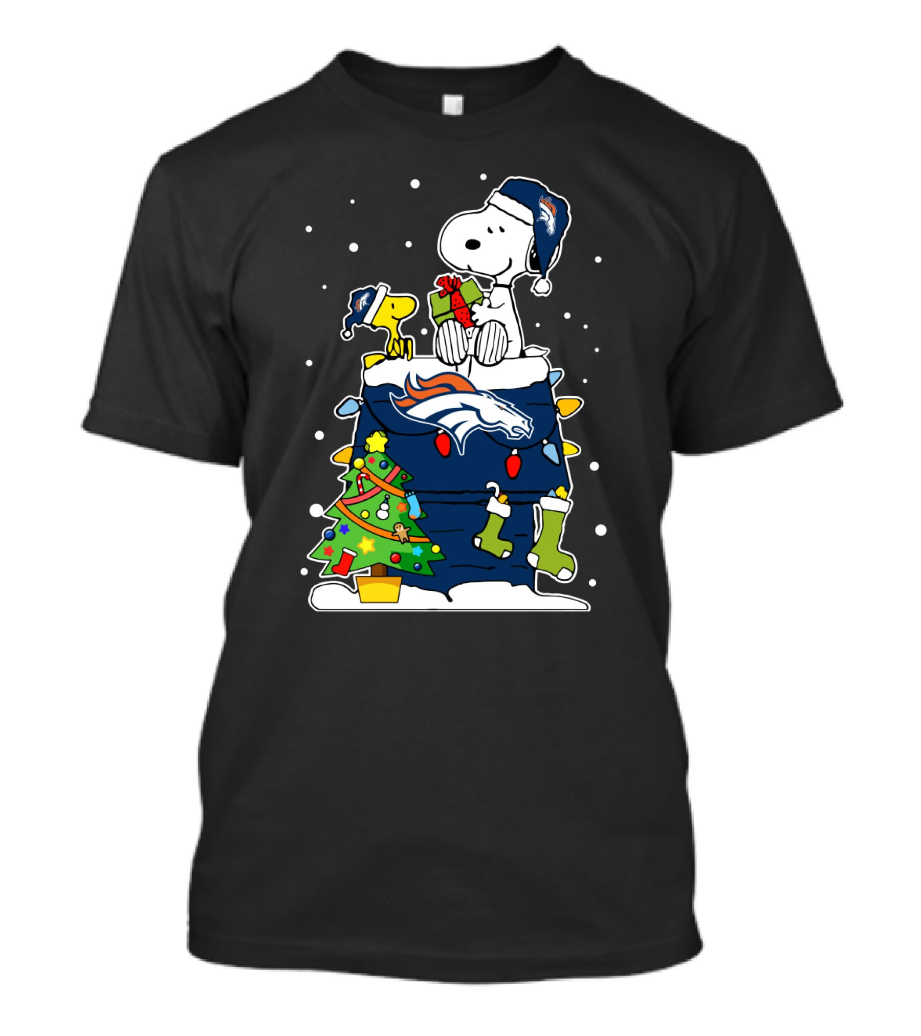Snoopy Denver Broncos Christmas With Woodstock And Presents T-Shirt