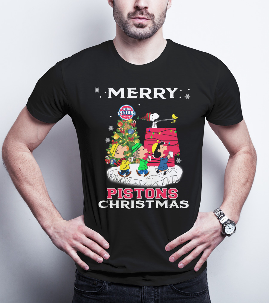 Pistons Christmas Featuring Snoopy And Friends Detroit Pistons Holiday Celebration T-Shirt