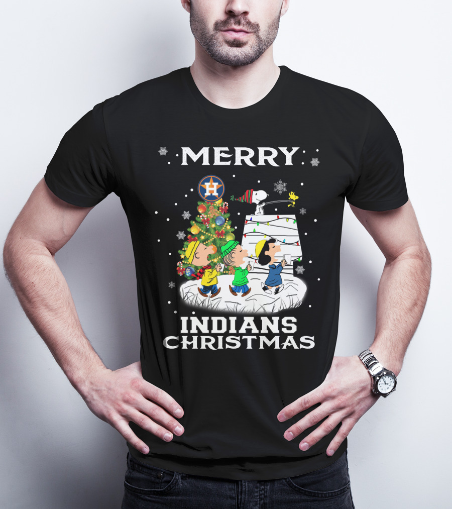 Merry Houston Astros Indians Christmas For Snoopy Fans T-Shirt
