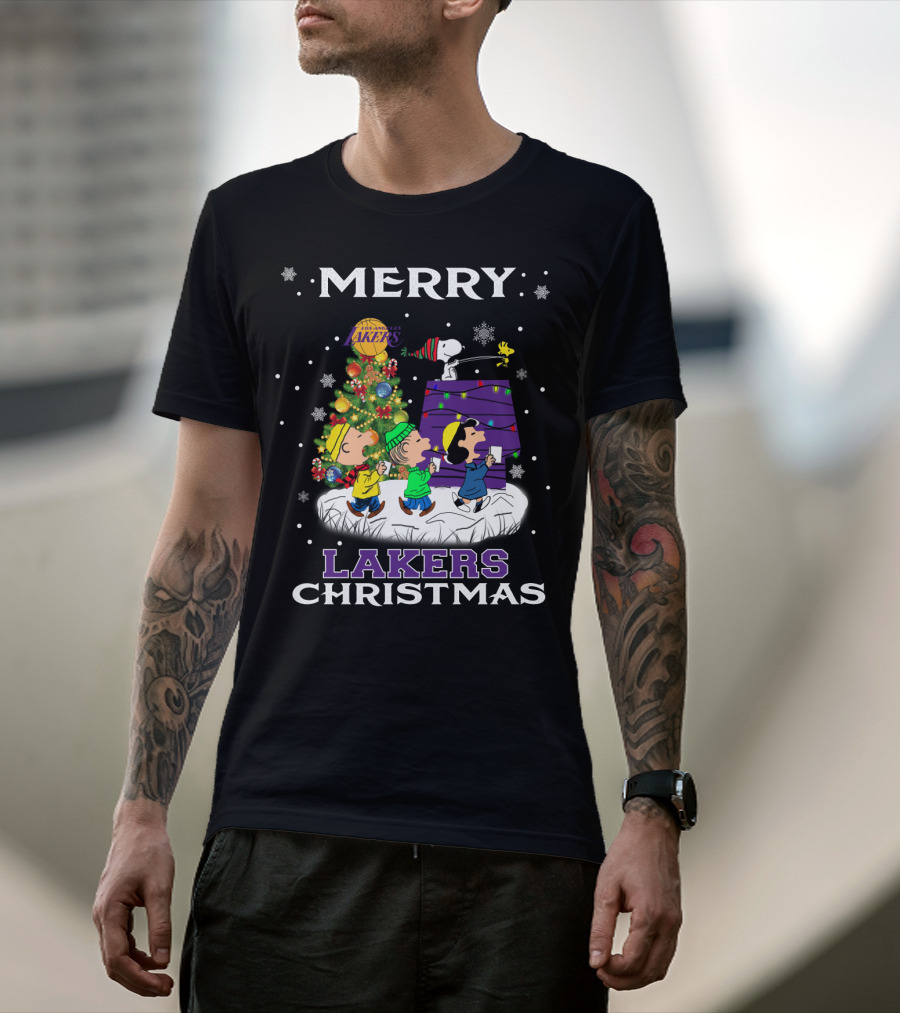 Merry Lakers Christmas Snoopy Peanuts Tree Festive Scene T-Shirt