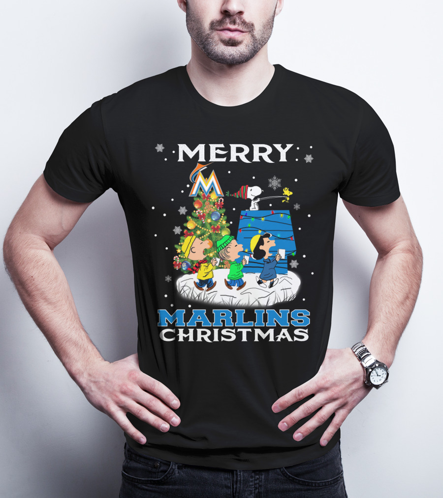 Merry Miami Marlins Christmas With Snoopy And Peanuts Characters T-Shirt
