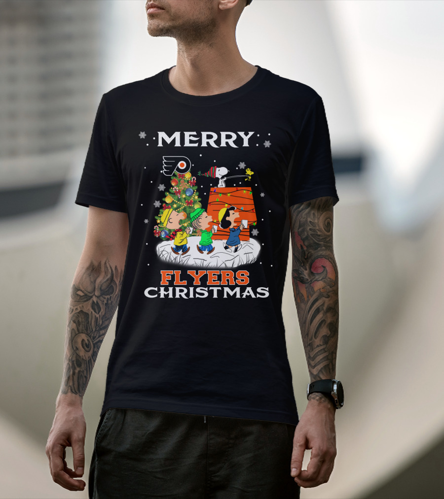Merry Philadelphia Flyers Christmas Snoopy Tree Woodstock Lucy Charlie Brown Linus Snowflakes T-Shirt