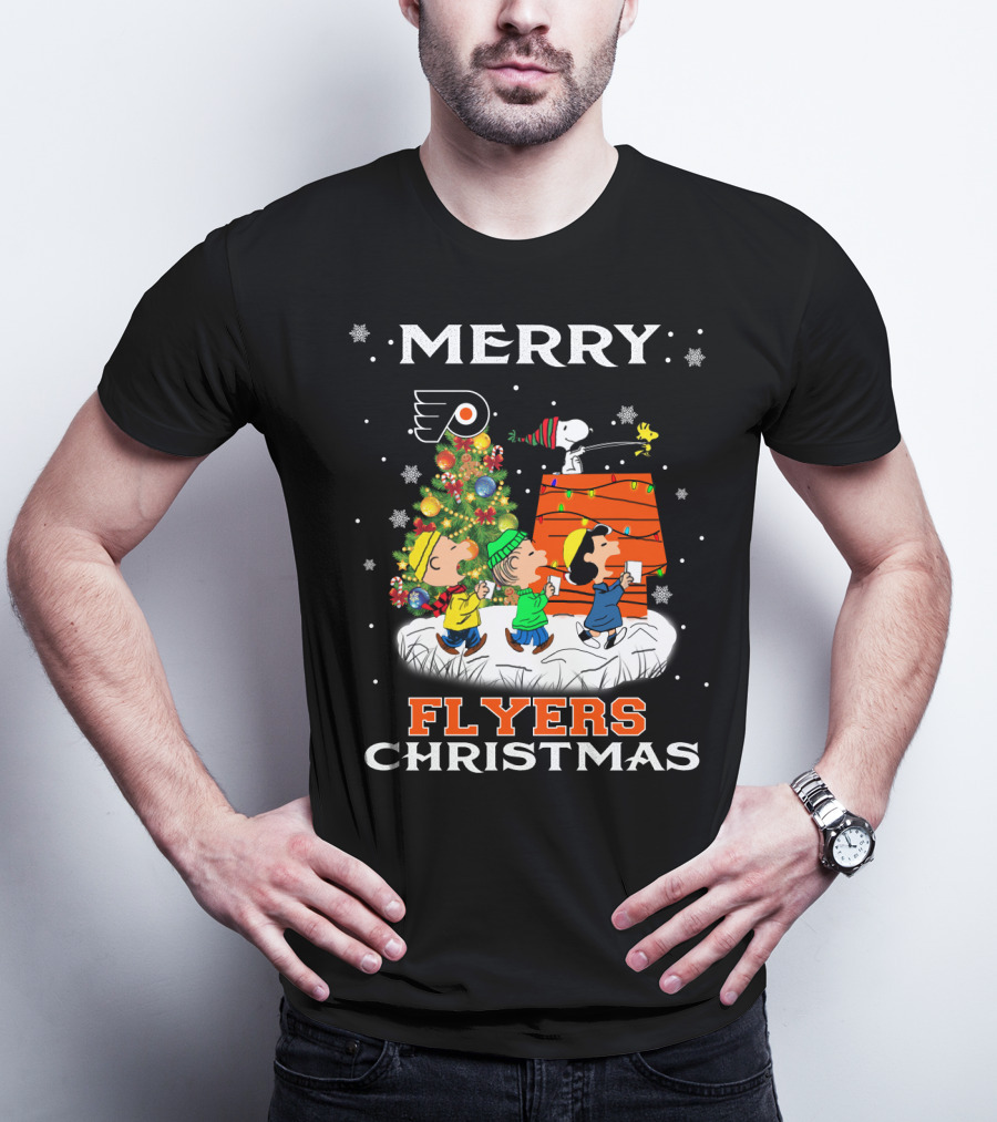 Merry Philadelphia Flyers Christmas Snoopy Tree Woodstock Lucy Charlie Brown Linus Snowflakes T-Shirt
