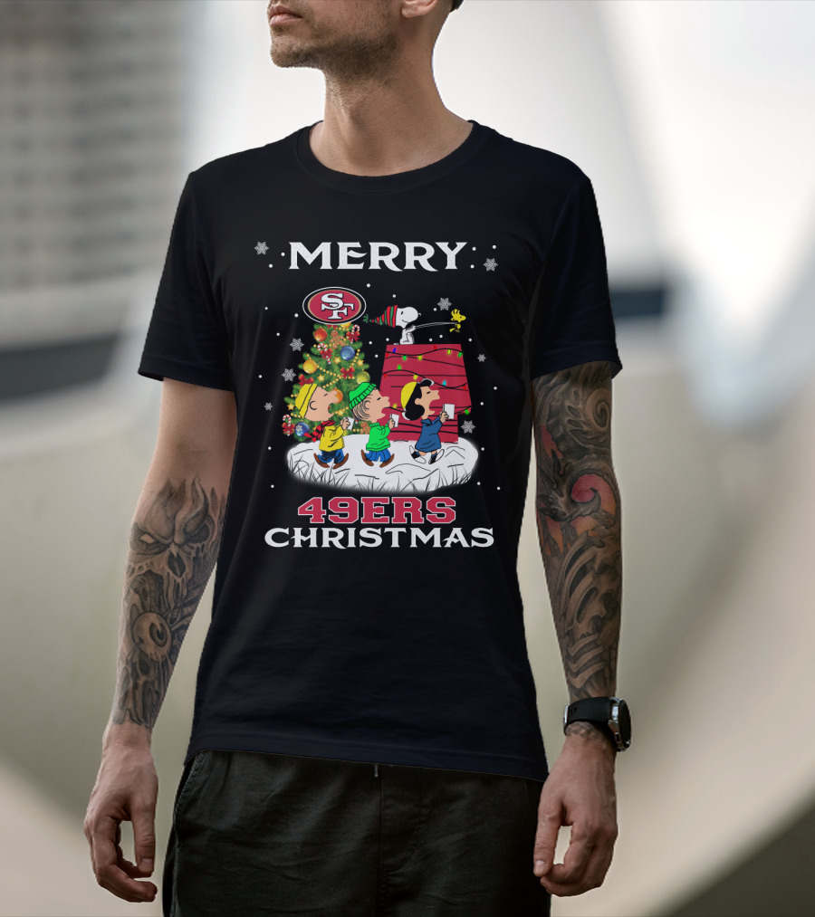 Merry 49ers Christmas Snoopy Peanuts Caroling Tree T-Shirt