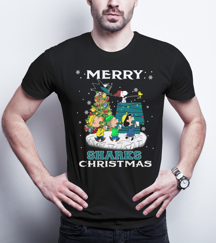 Merry San Jose Sharks Christmas With Snoopy And Peanuts Characters T-Shirt