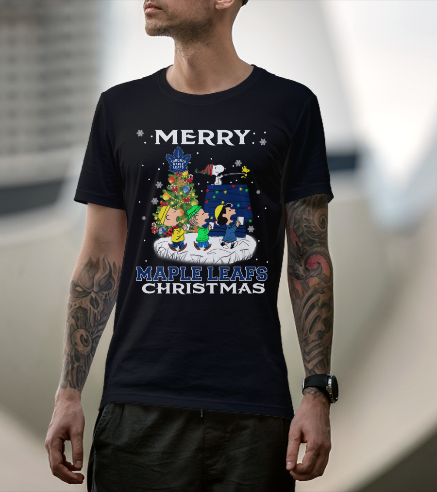 Merry Toronto Maple Leafs Christmas Snoopy And Friends Singing By Tree T-Shirt