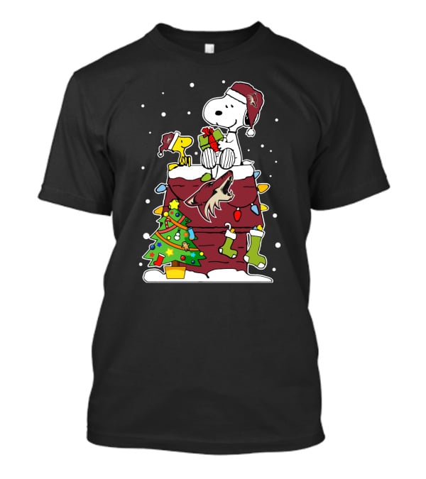 Arizona Coyotes Christmas Snoopy And Woodstock With Presents And Tree T-Shirt