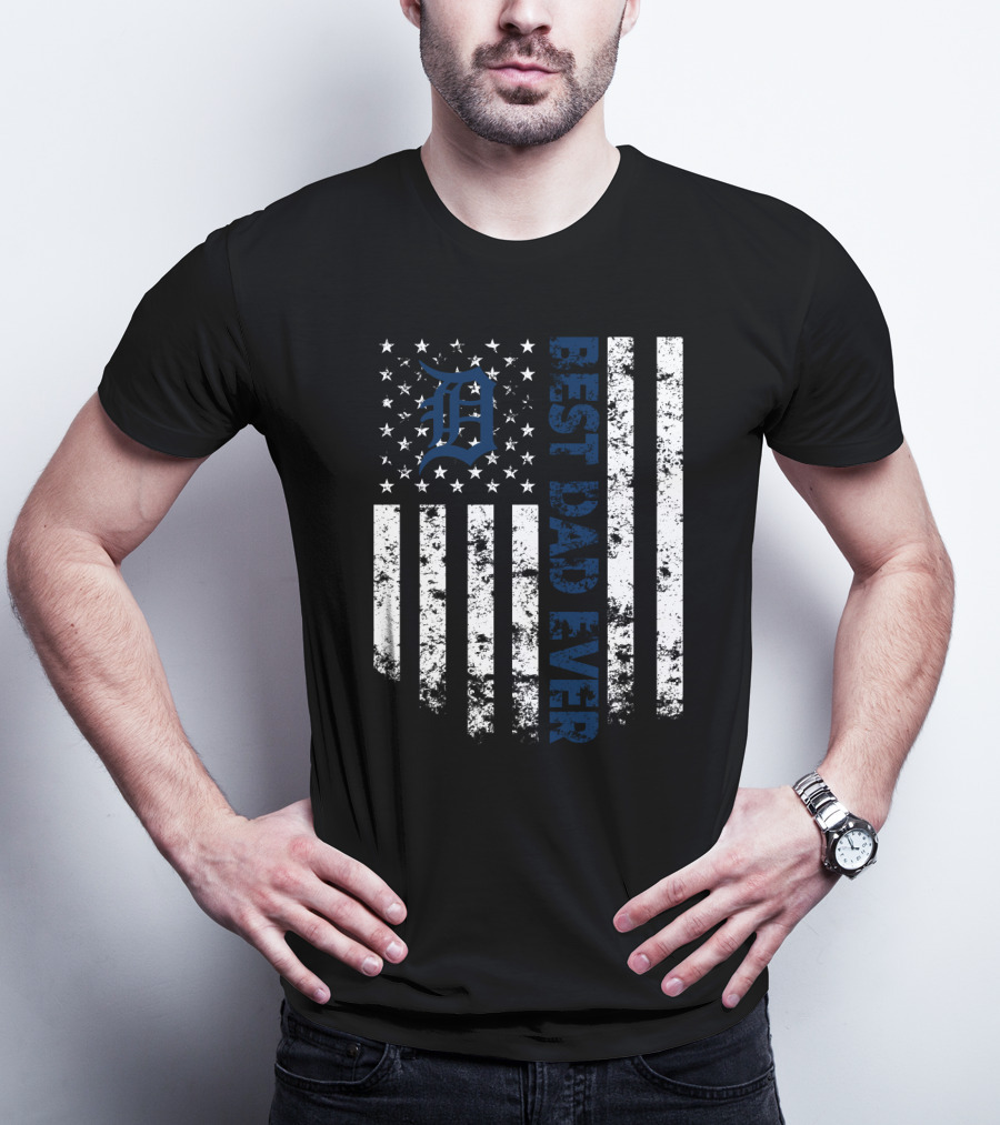 Best Dad Ever Detroit Tigers American Flag Stripes T-Shirt
