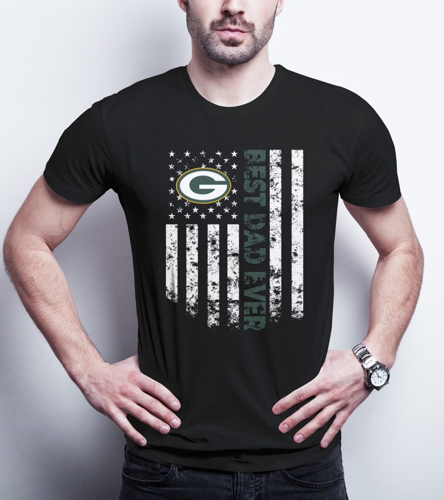 Best Green Bay Packers Dad Ever With American Flag And Team T-Shirt