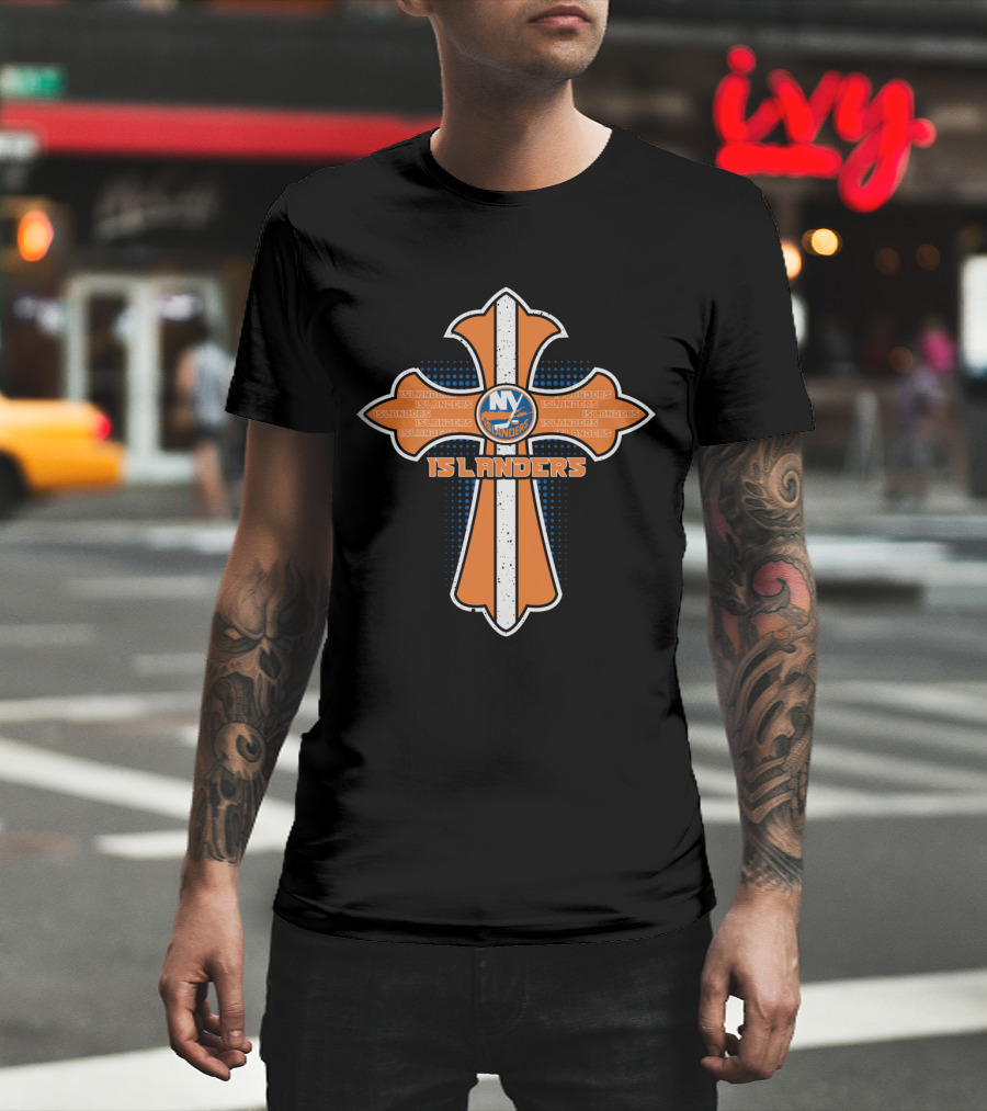 New York Islanders Cross Fan Design With Team Logo And Text Elements T-Shirt