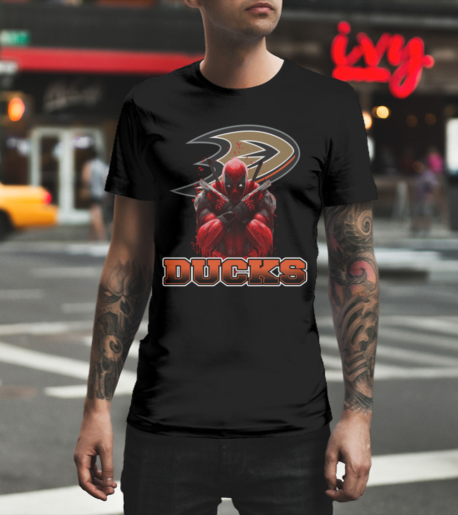 Anaheim Ducks And Deadpool Mashup Featuring Iconic Logo And Comic Character T-Shirt