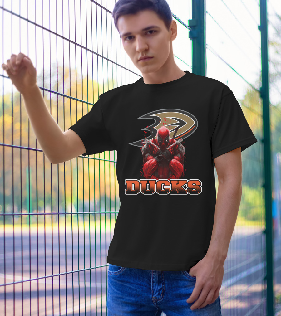 Anaheim Ducks And Deadpool Mashup Featuring Iconic Logo And Comic Character T-Shirt